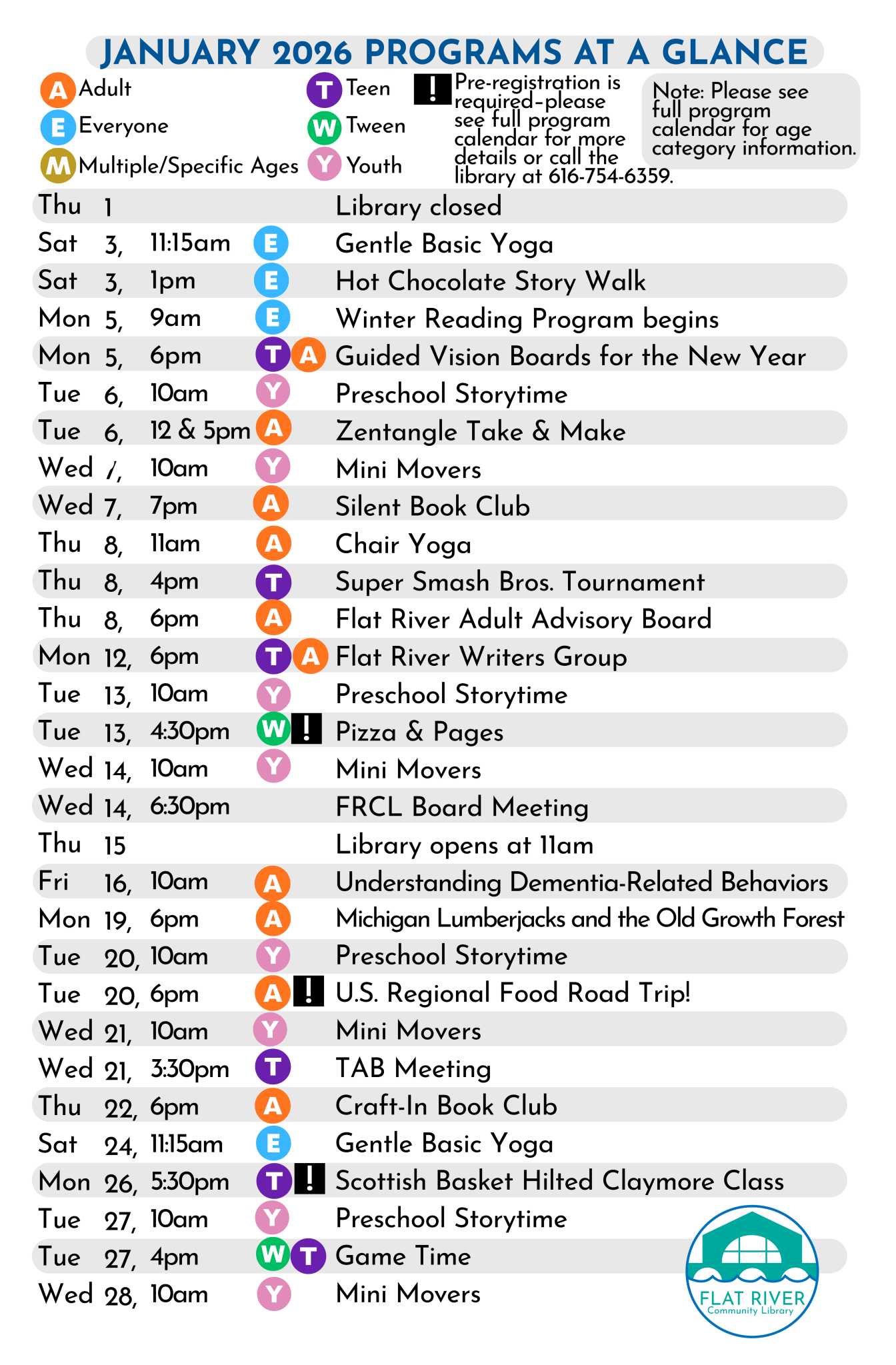 Flat River Community Library - January 2026 Programs At-A-Glance